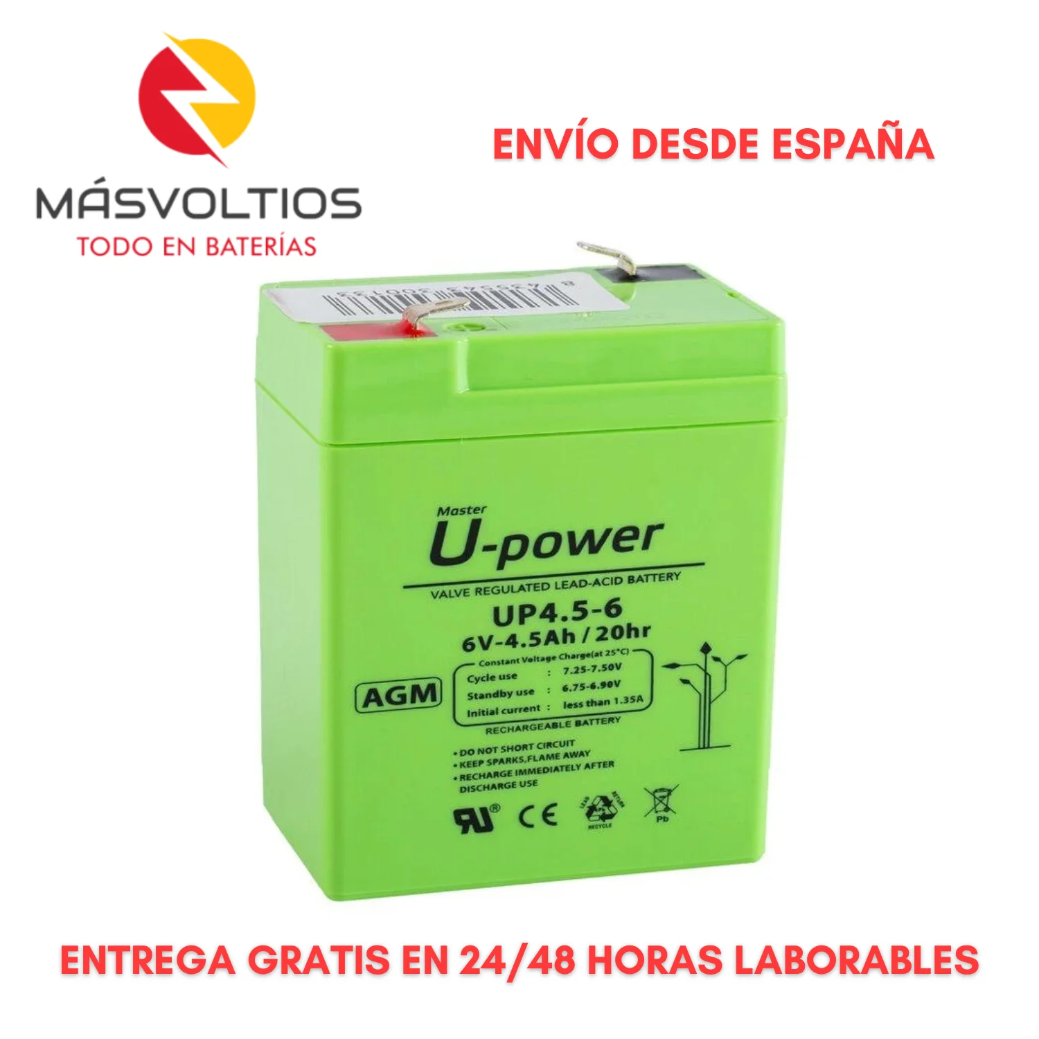 U-Power UP4.5-6 Battery 6V 4.5Ah lead AGM rechargeable for alarms, SAI ...