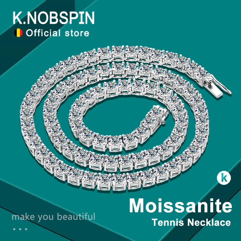 KNOBSPIN D Color Moissanite Tennis Necklace 925 Sterling Sliver Plated ...