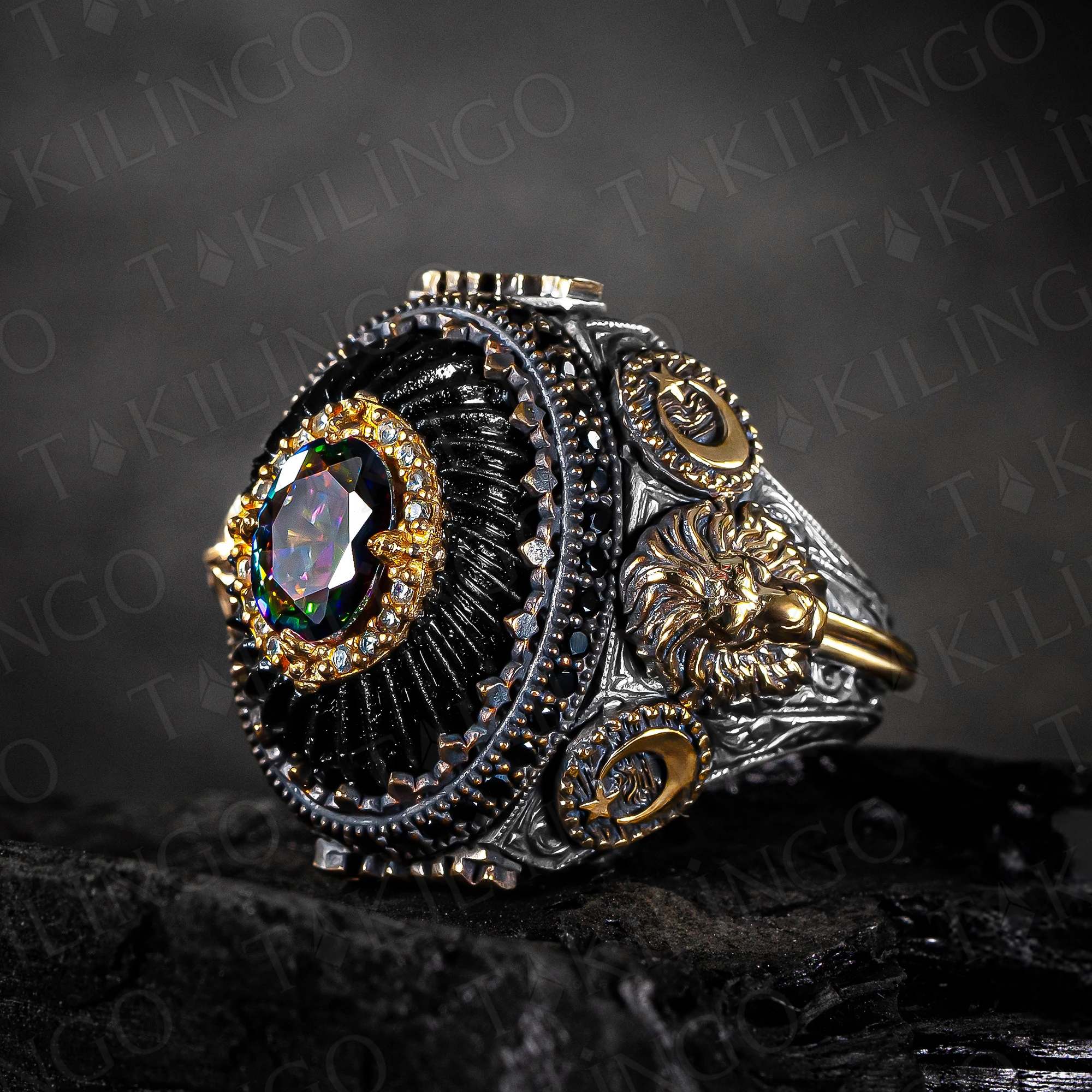 Solid-925-Sterling-Silver-Lion-Head-Sword-Motif-Mystic-Topaz-Stone-Men ...