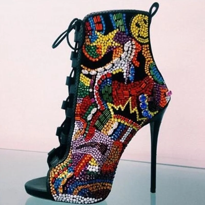 Multi-Color-Crystal-Ankle-Boot-Peep-Toe-Lace-up-Bling-Bling-Rhinestone ...