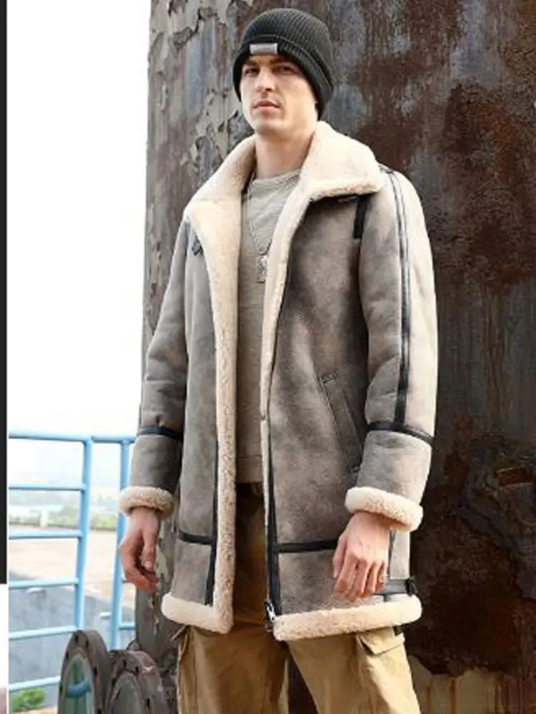 Denny&Dora Shearling Coat Mens B7 Bomber Jacket Motorcycle Jacket Long ...