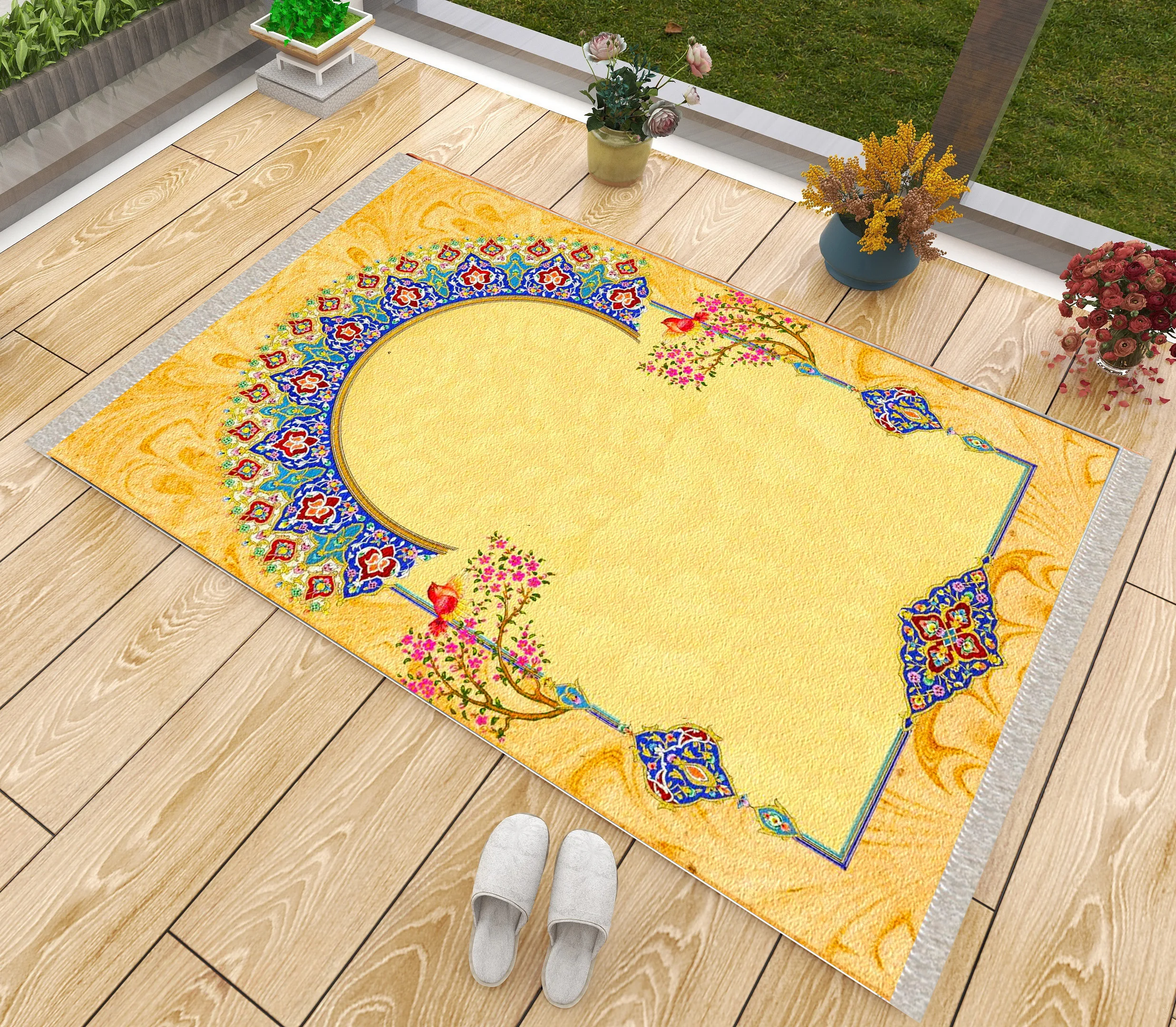 Luxury Thick Prayer Rug Modern Yellow Colorful Blue Flower Muslim ...