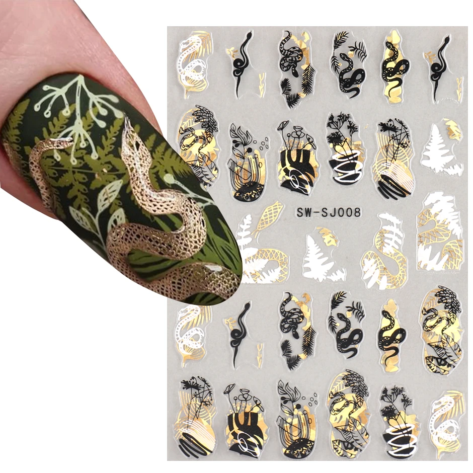 3d Black Gold Snake Nail Stickers Holographic Leaf Serpiente Adhesive ...