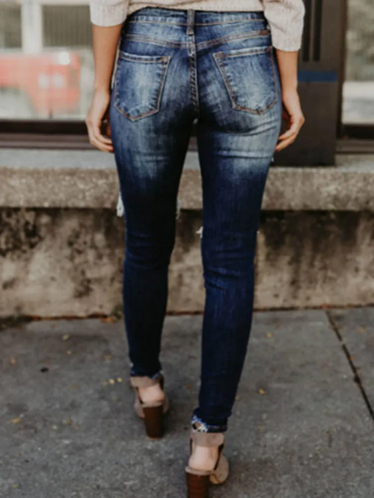 Fashion Stretch Ripped Mid Rise Frayed Pocket Distressed Jeans