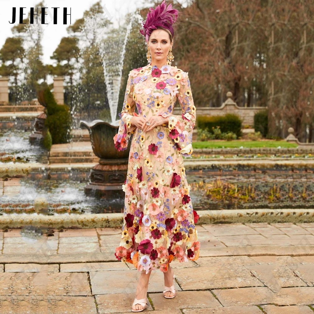 JEHETH Dress Party Evening Elegant Luxury Celebrity High Neck Floral Long Sleeves Flowers Prom ...