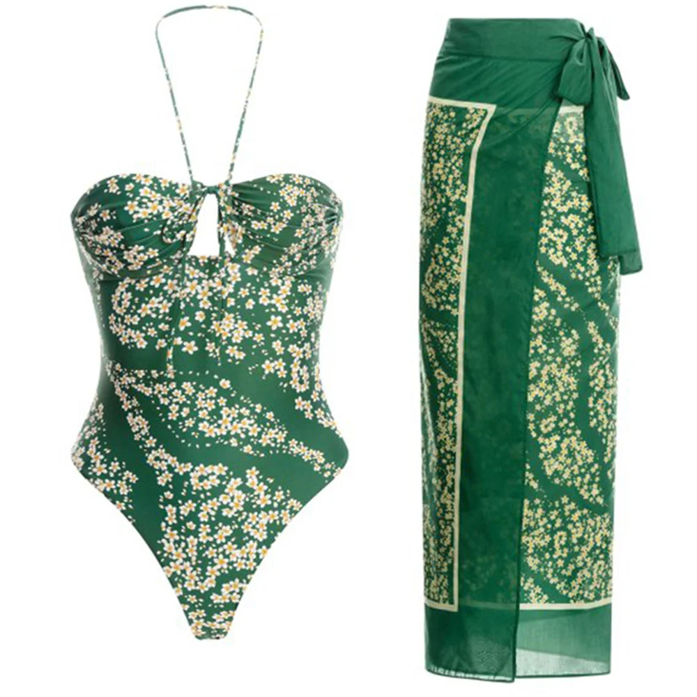 Women-One-Piece-Swimsuit-with-Skirt-Green-Halter-Print-Coverups-Holiday ...
