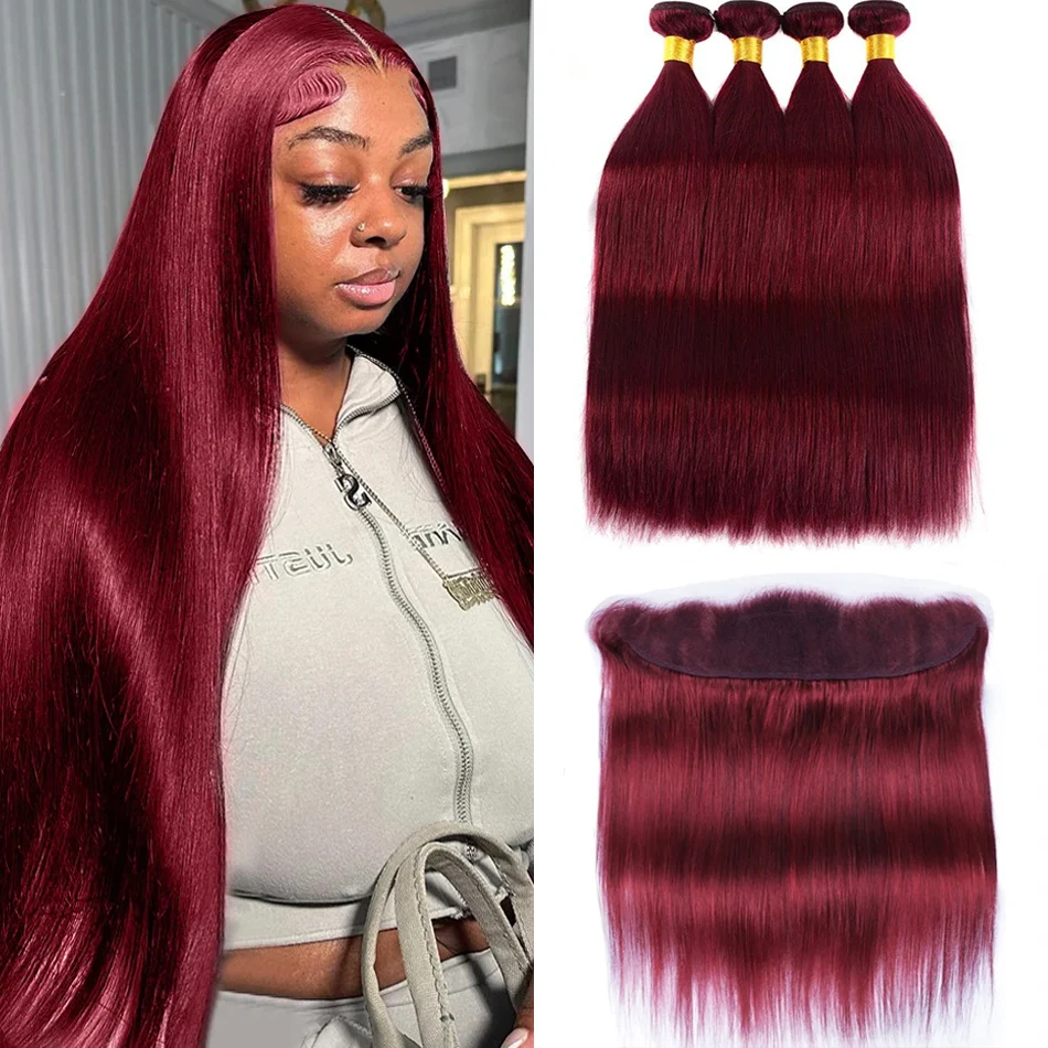Burgundy-99j-Straight-Bundles-With-Frontal-Colorful-Straight-Hair ...