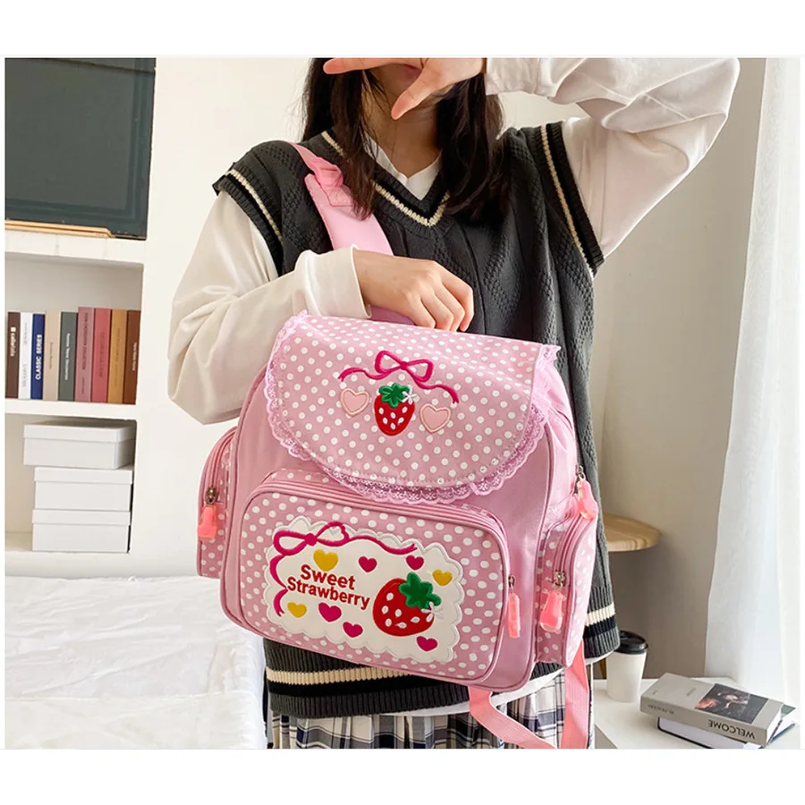 Pink-Girl-Embroidery-Cute-Strawberry-Cartoon-Pink-Backpack-Book-Bags ...