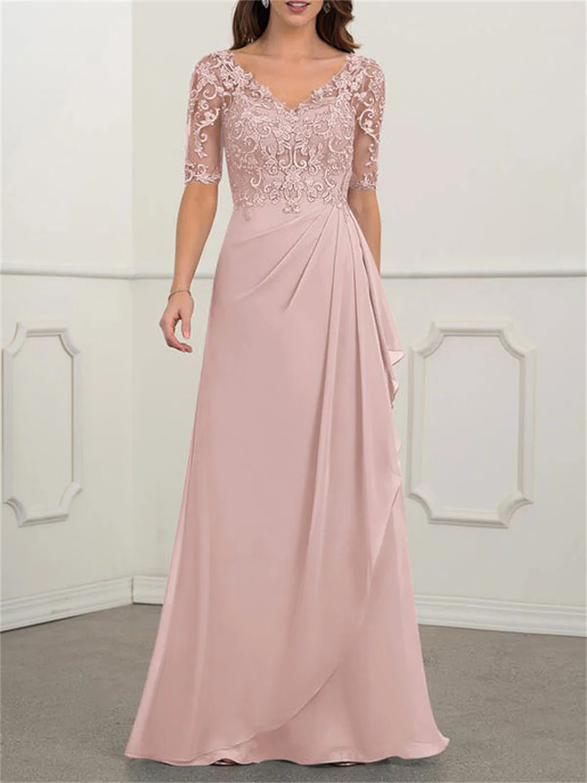A-Line Pink Mother Of The Bride Dresses For Weddings V-Neck Half Sleeve ...