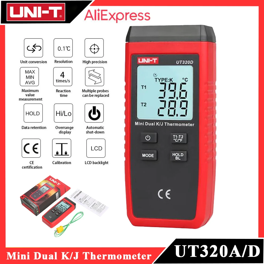 Termómetro Digital UNI T UT320D UT320A, Mini termopar Dual tipo K J ...