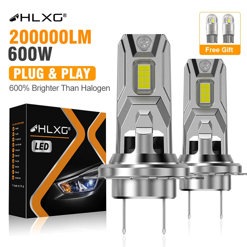 HLXG 2x H7 LED 조명, 1:1 미니 사이즈 헤드 램프, 무선 200000LM H4 H8 H9 H11 9005 9006 자동차 LED 헤드라이트 전구, 6500K ...