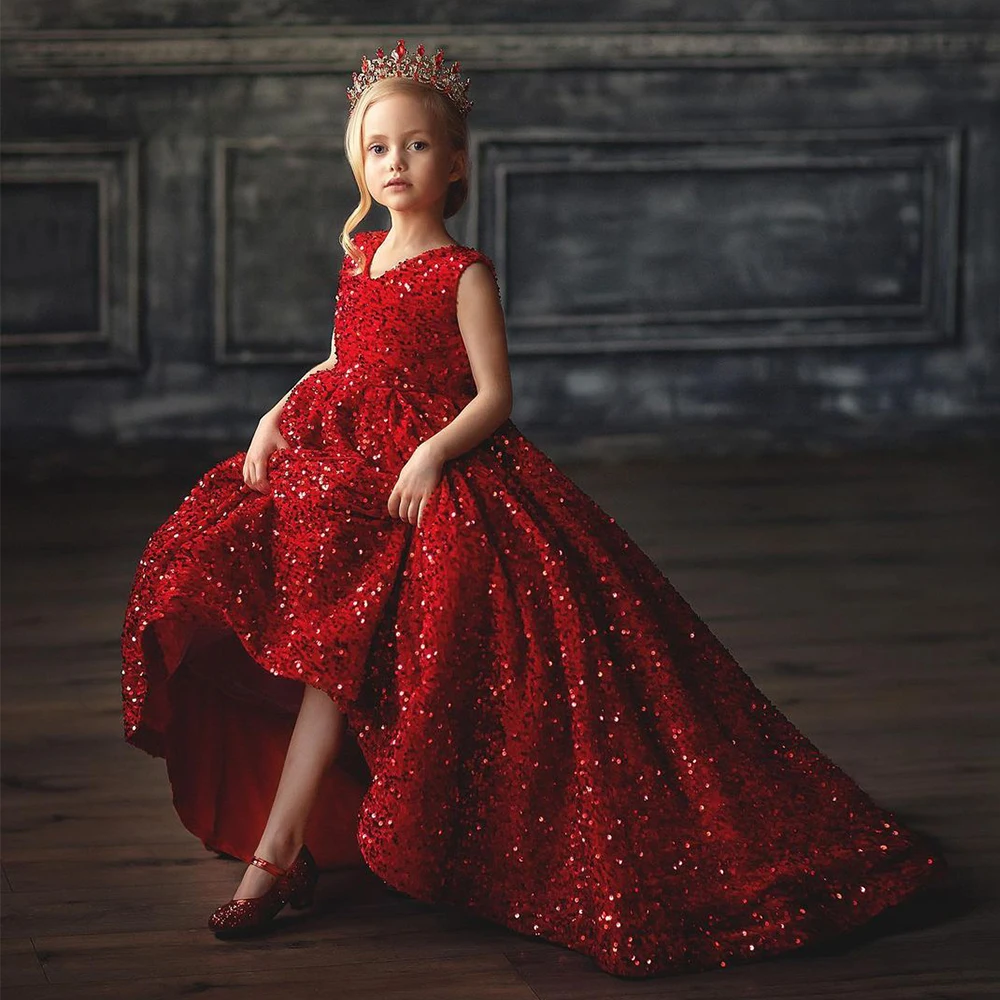 Glitter Red Princess Dess Long Flower Girl Dresses Sequin Girl Party ...