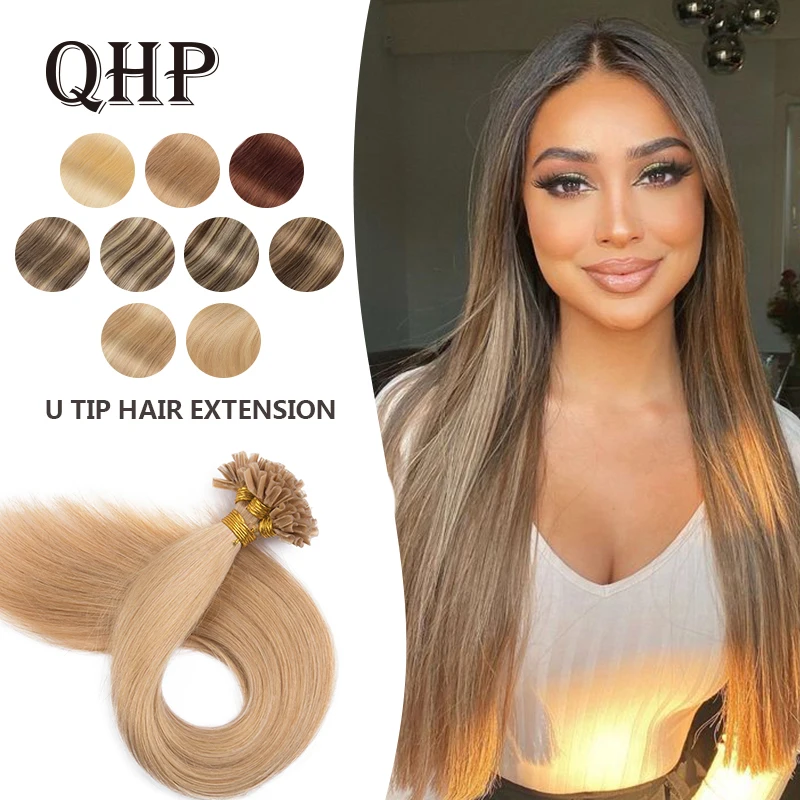QHP Hair Straight Keratin Human Fusion Hair Nail U Tip Machine Made ...