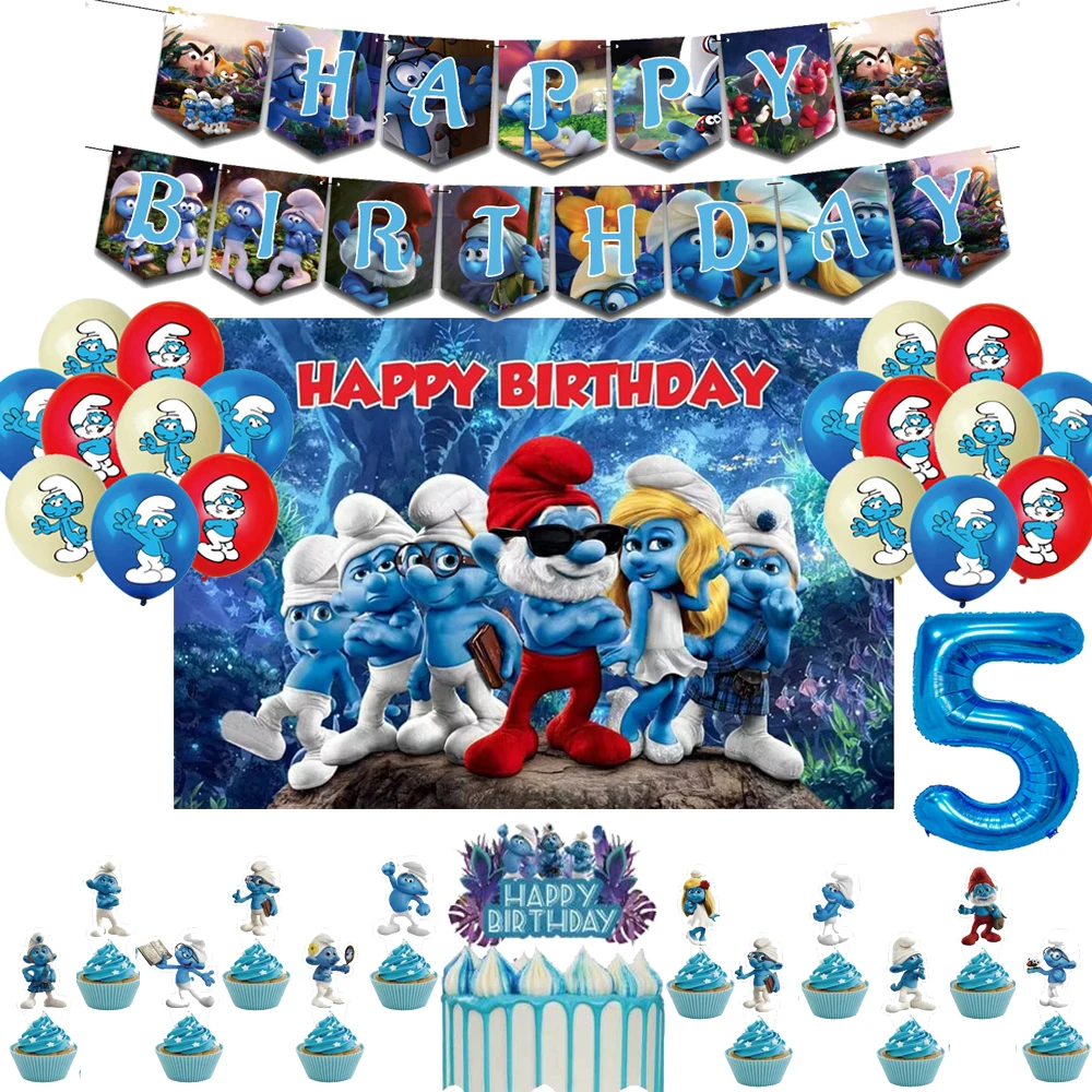 Smurfsed Happy Birthday Decoration Party Supplies Balloon Banner Number ...