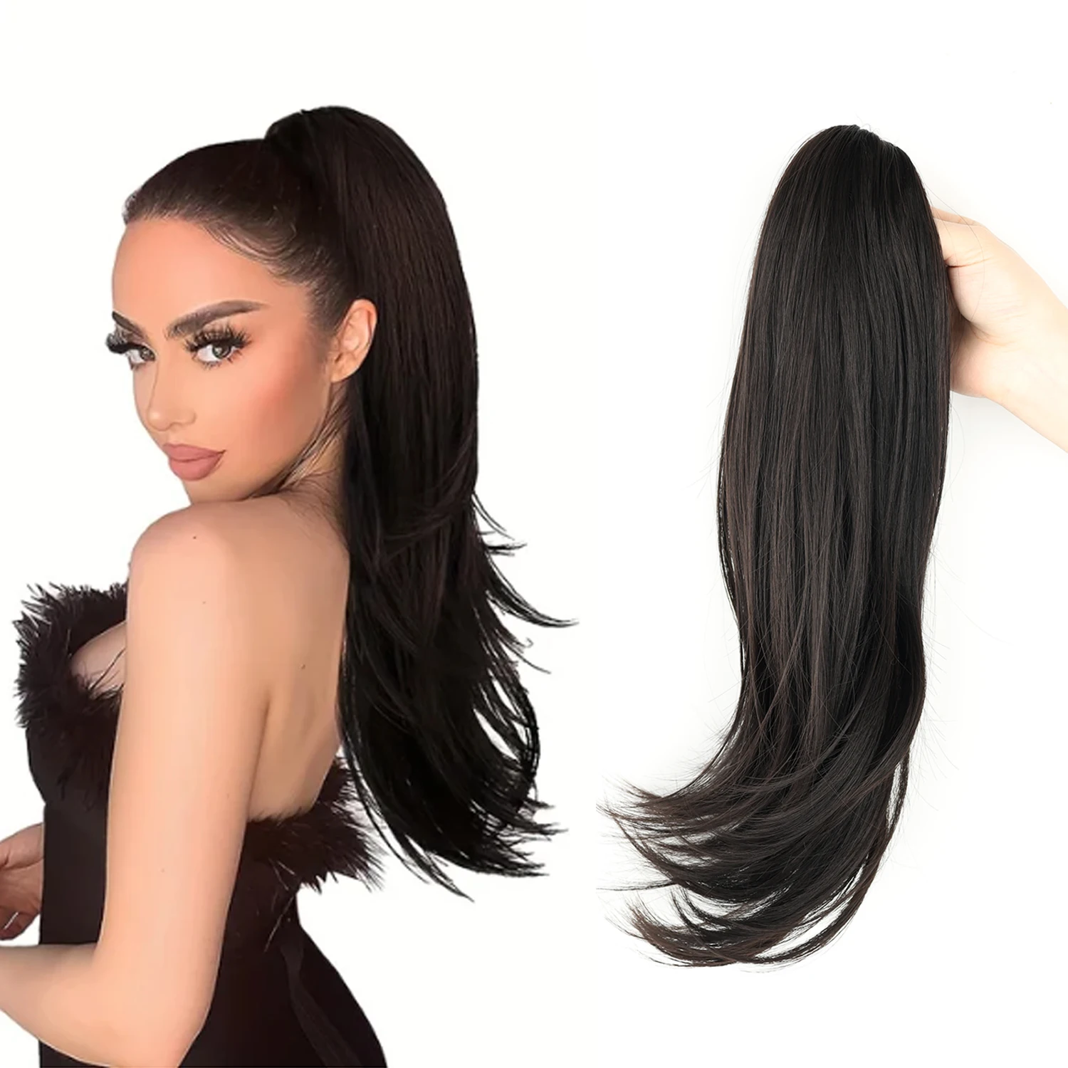 Synthetic-18-Inch-Long-Wavy-Claw-Clip-Ponytail-Wig-Black-Brown-Hair ...