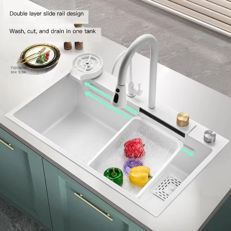 White-stainless-steel-waterfall-kitchen-sink-with-cup-washer-Home ...