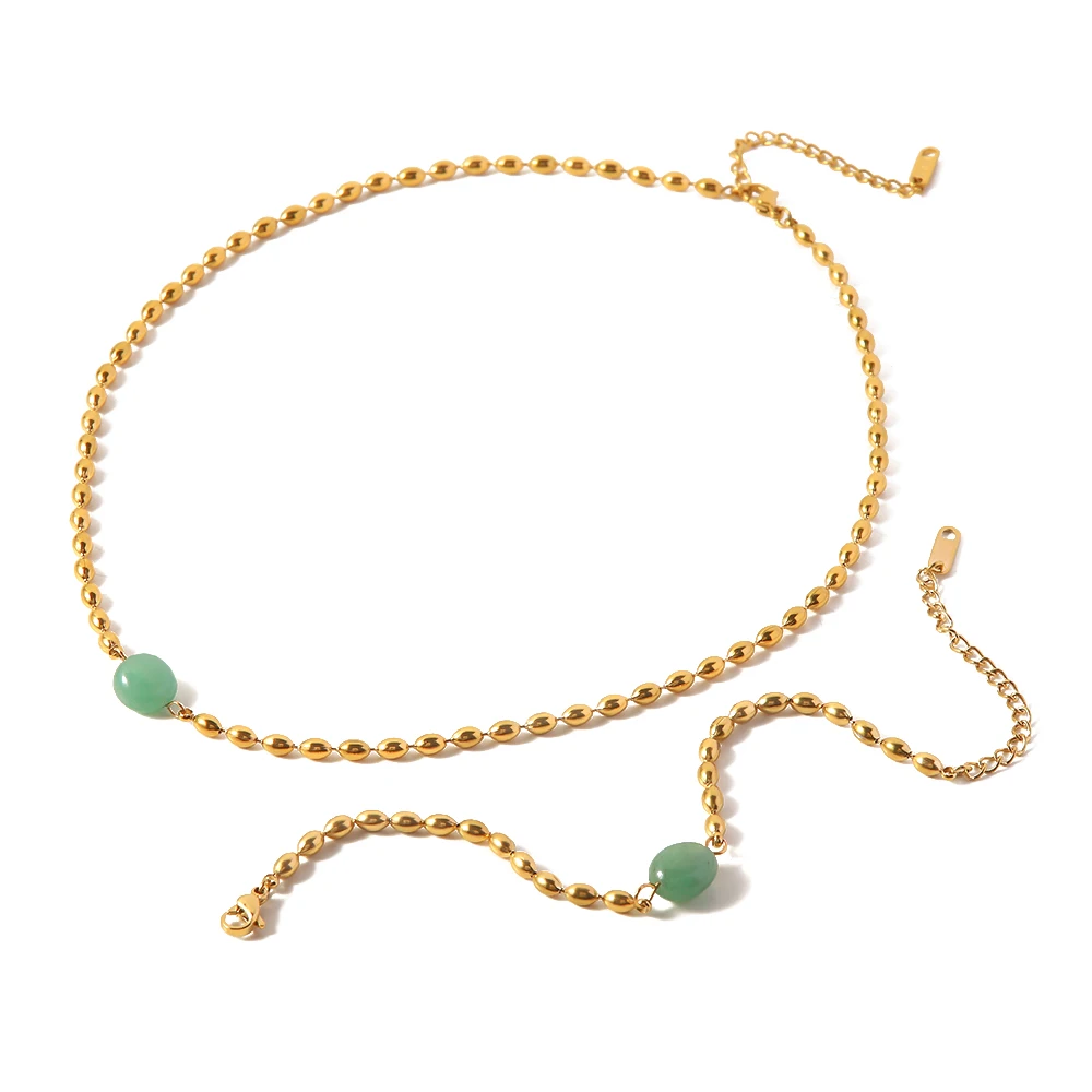 Youthway-Green-Natural-Stone-Oval-Gold-Bead-Bracelet-Necklace-Set-18K ...