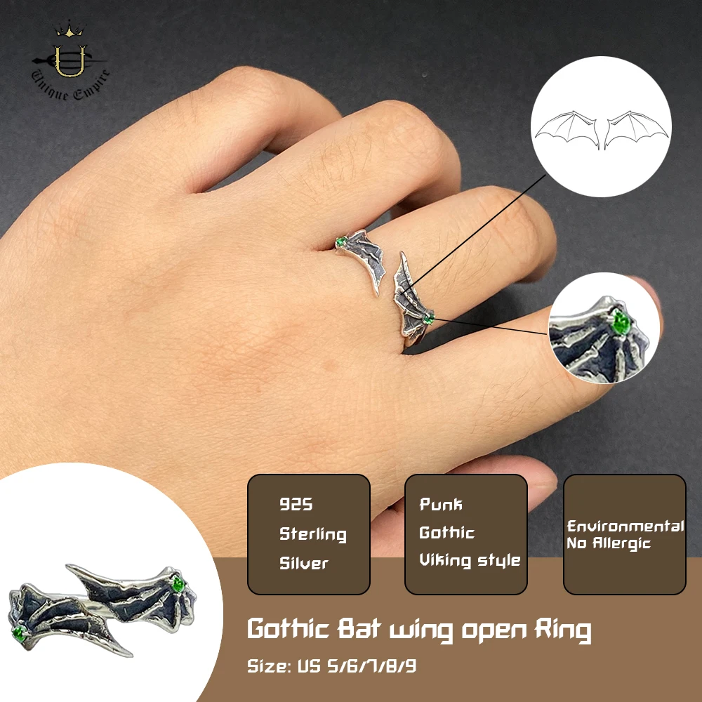 925-Sterling-Silver-Bat-Wing-Ring-Round-Cut-Green-Zircon-Band-Halloween ...