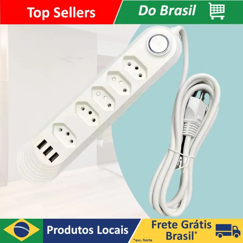 Electric Extension 2m With 4 Sockets and 3 Inputs USB 10A Button On and ...