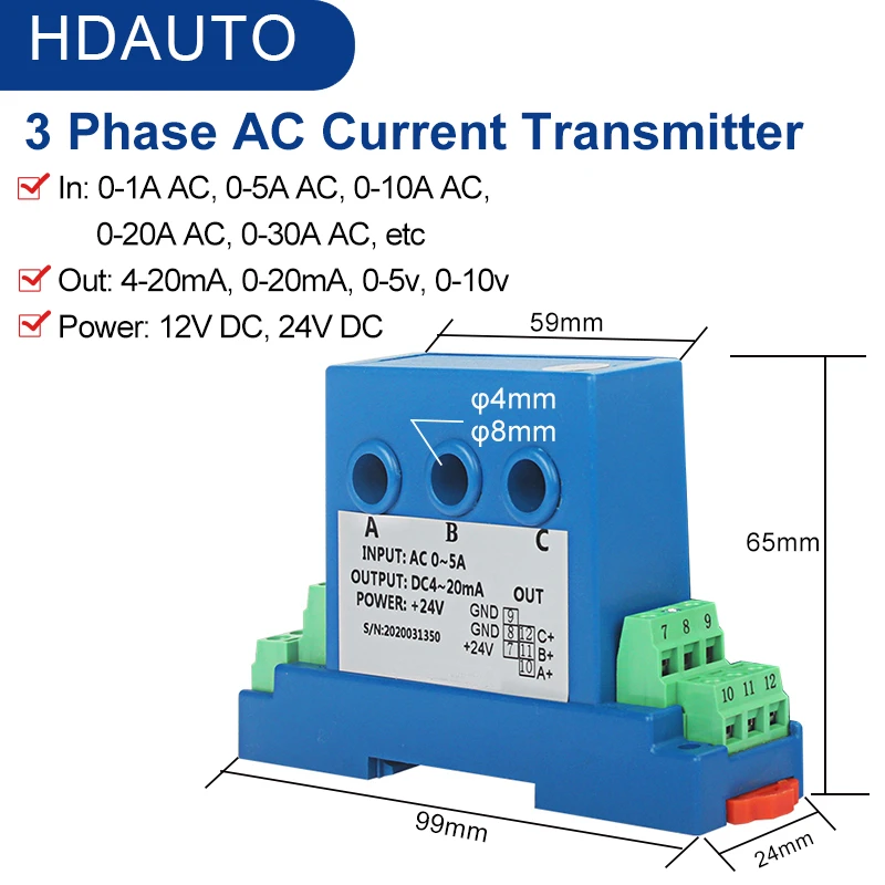 Three Phase Split Core Hall Current Sensor Ac 5a 10a 20a 30a To 0-10v 4-20ma Analog Signal ...