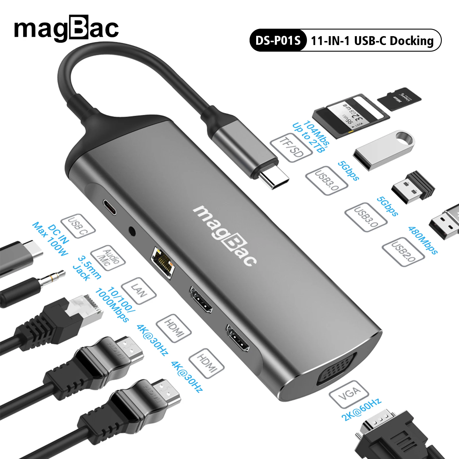 MagBac estación de acoplamiento Universal Dual HDMI, 11 en 1, 4K, 60Hz ...