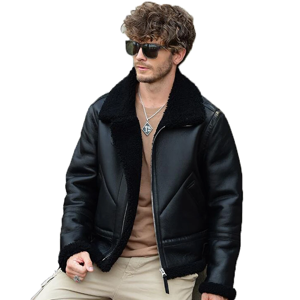Denny&Dora Mens Shearling Jacket Winter Thick Warm Black Short Sheepskin Coat Natural Shearling ...