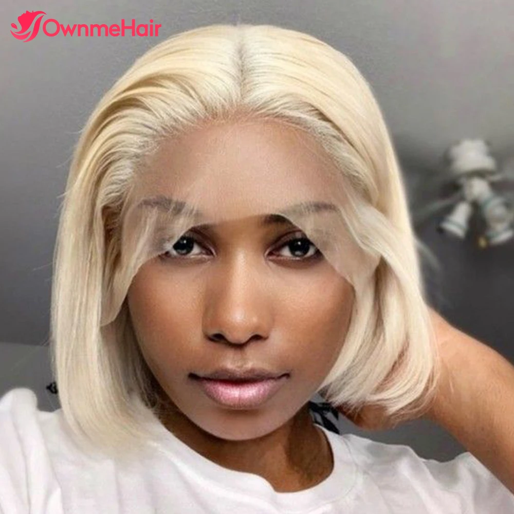 Short Bob Human Hair Wigs Color 613 Honey Blonde T Part Lace Frontal ...