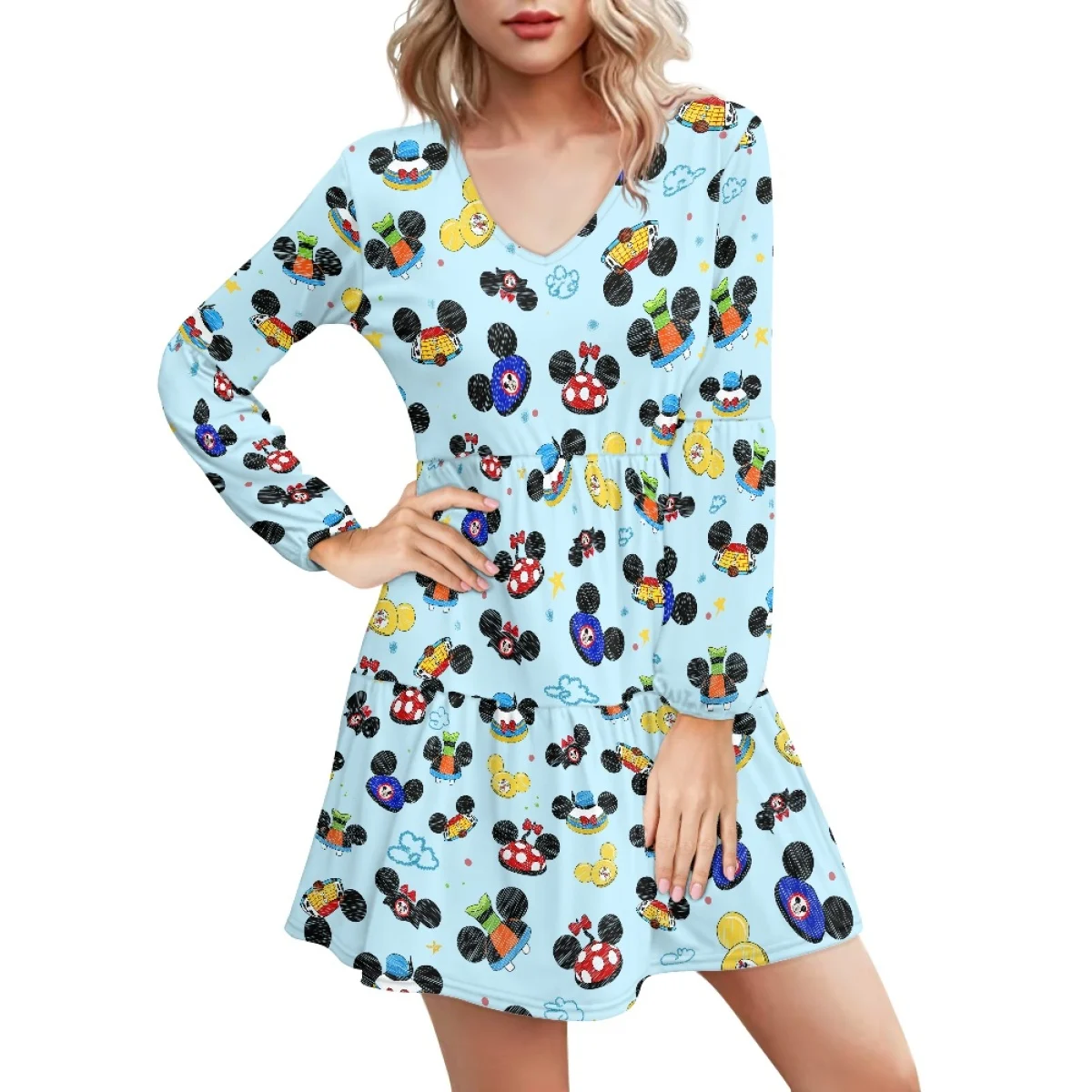 Disney Brand Donald Duck Print V Neck Dress Mickey Minnie Mouse Pattern ...