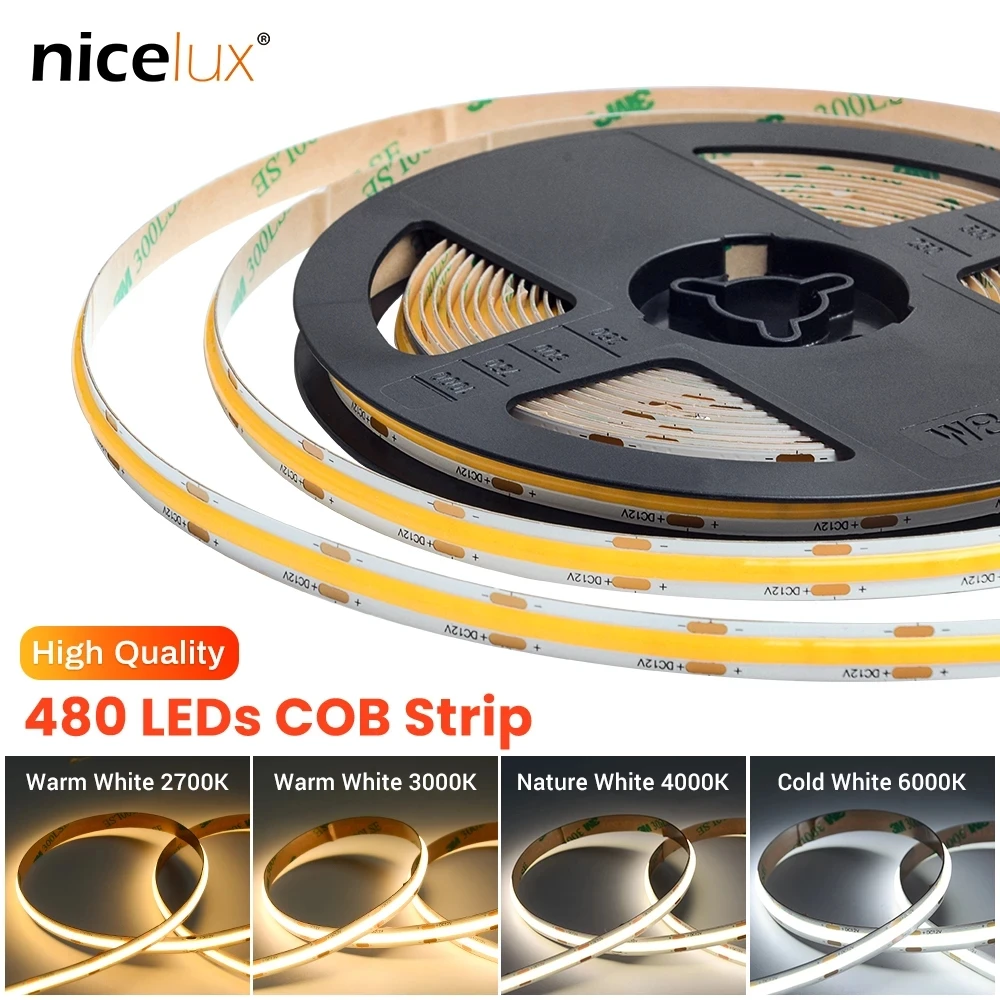 Flexible Cob Led Strip Light Dc 12v 24v 8mm 480 Leds/m Fob High Density ...