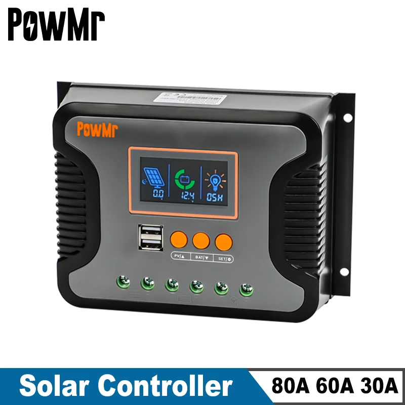 PowMr PWM 80A 60A 30A Solar Charge Controller 12V 24V 36V 48V Lead Acid Lithium Battery Charger ...