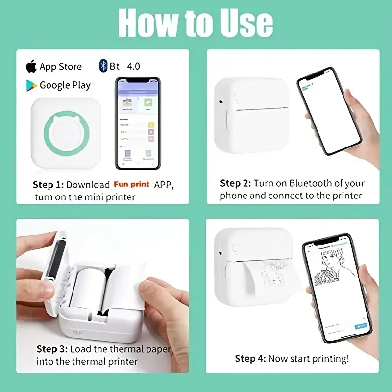 Portable Mini Thermal Printer Wirelessly BT 203dpi Photo Label Memo ...