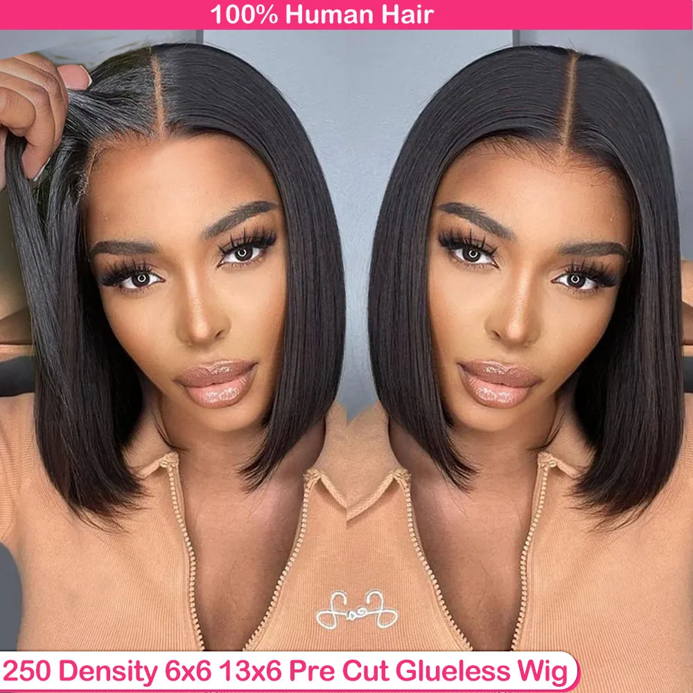 250 Density Glueless Wigs Human Hair Ready To Wear Straight Bob Wig ...
