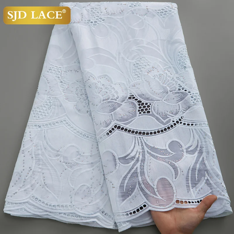 SJD LACE White Cotton Lace Fabric With Crystal Stones Nigerian High ...
