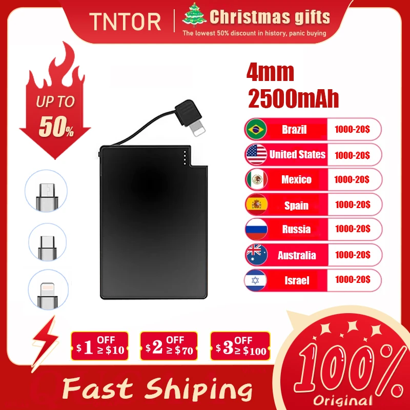 TNTOR 4mm ultra thin mini power bank, 2500mAh fast charging built in cable, suitable for iPhone ...