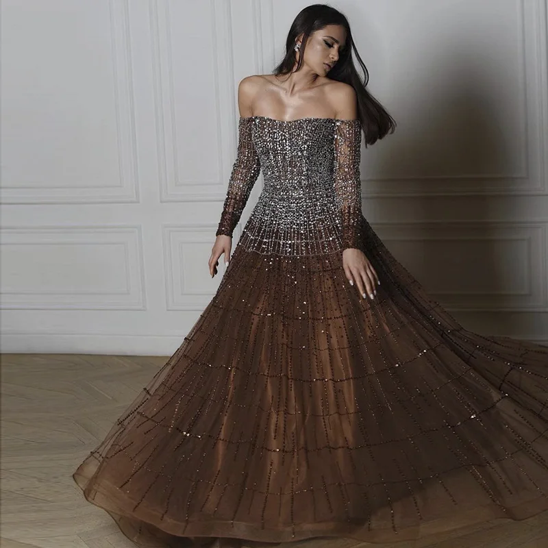 Sharon-Said-Luxury-Dubai-Brown-Off-Shoulder-Evening-Dresses-Long-Sleeve ...