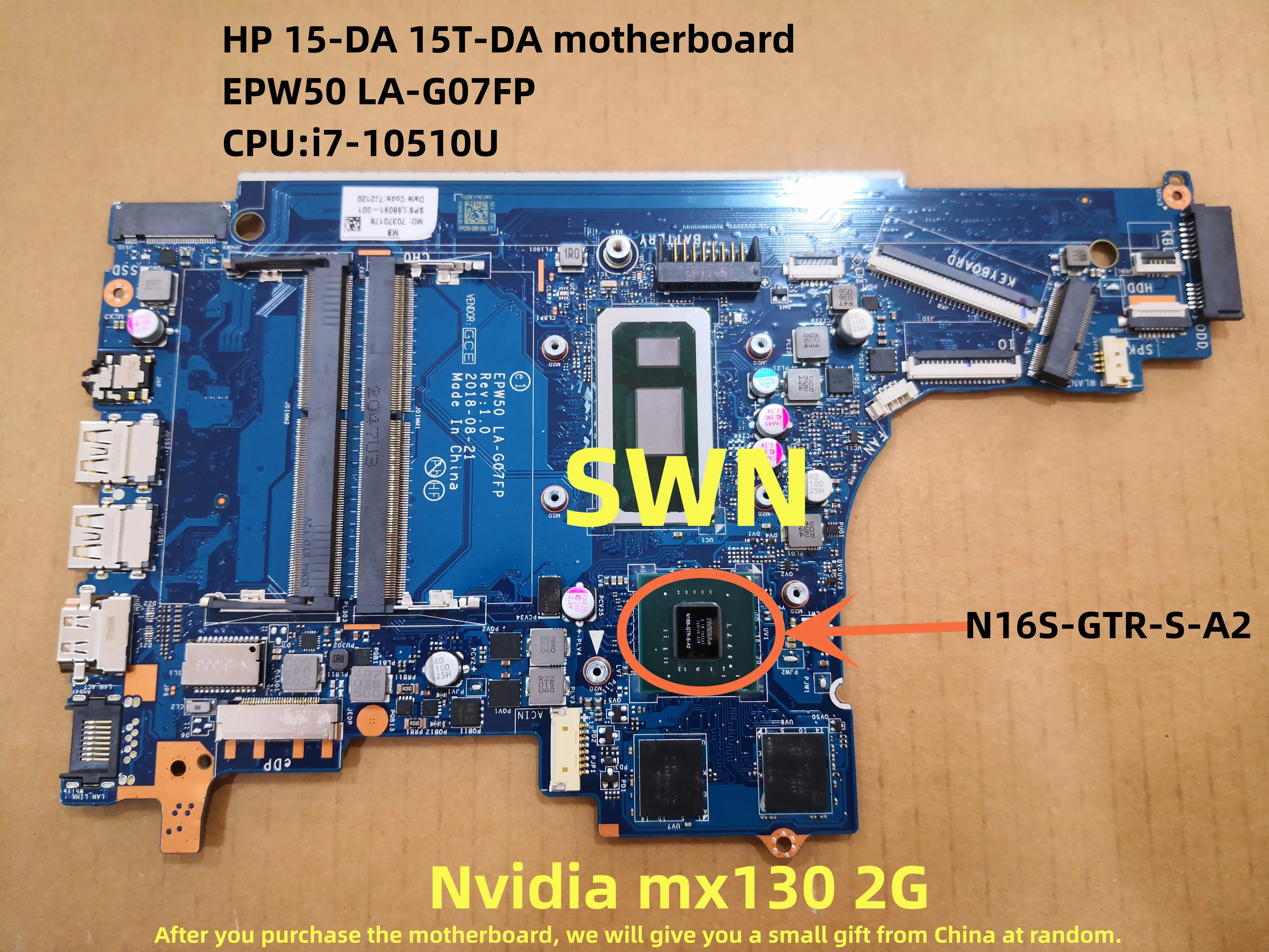 HP Pavilion 15-DA 15T-DA 250 G7 L68091-001 EPW50 LA-G07GP Ordinateur Portable Carte Mère CPU ...