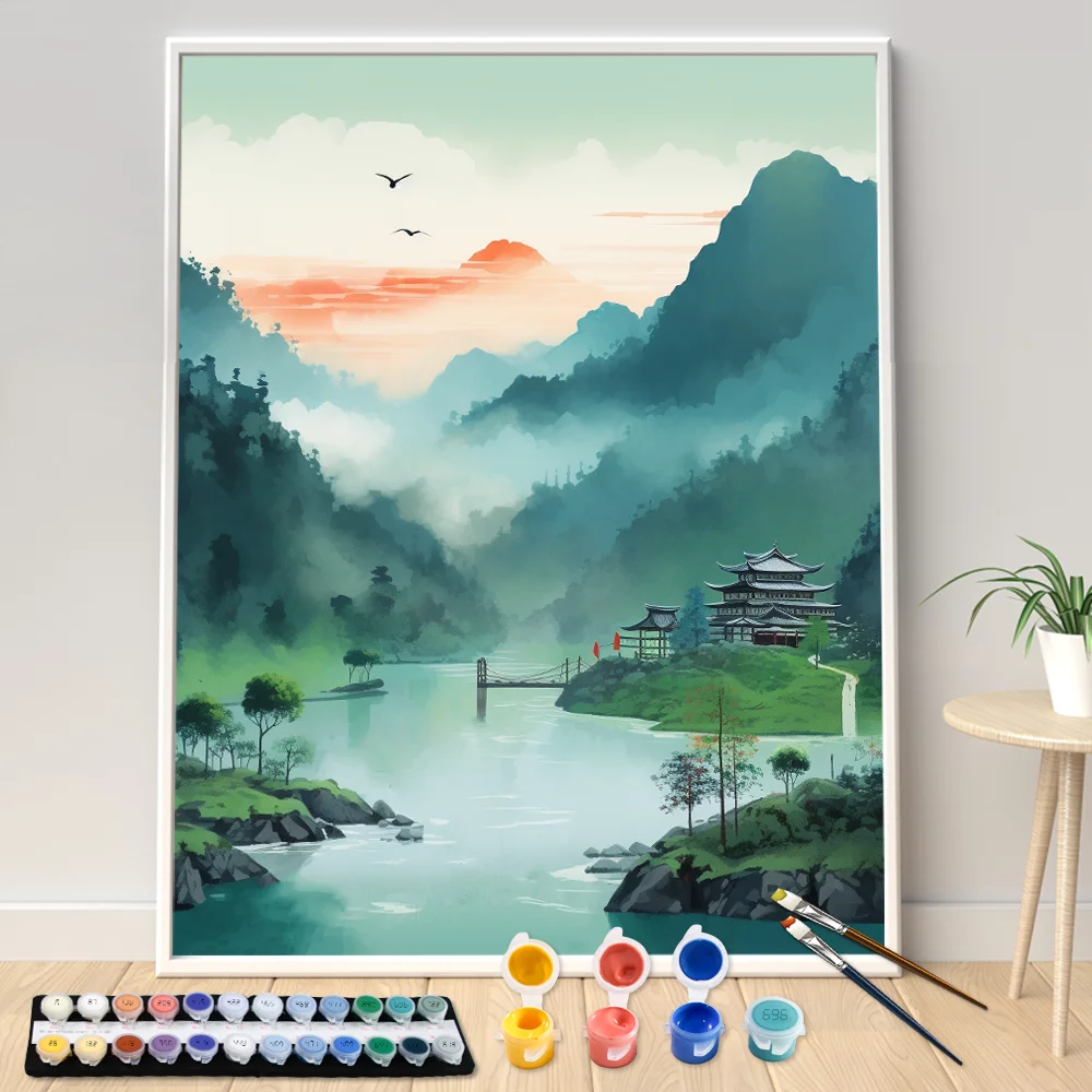 Hand-Digital-Painting-by-Numbers-Kit-Boating-Sunrise-View-Landscape-Oil ...