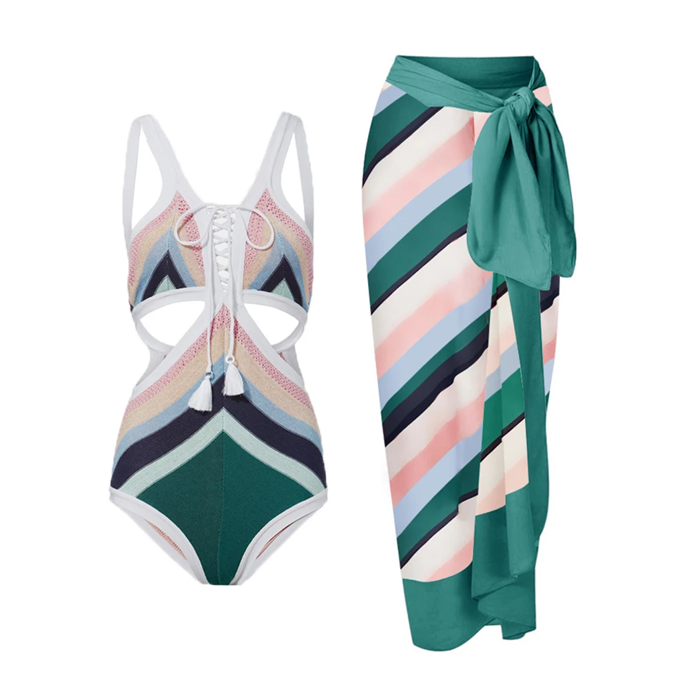 Green-Knit-Cutout-Fashion-One-Piece-Swimsuit-and-Cover-Up-Women-s-Suit ...