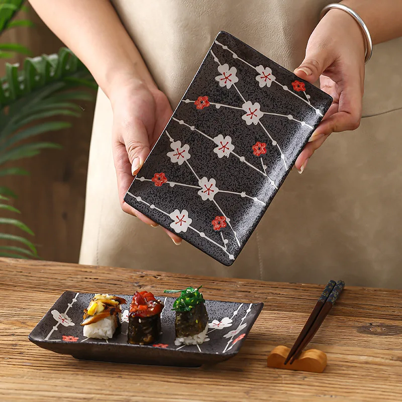 Japanese-Sakura-Plate-Complete-Tableware-Rectangle-Ceramic-Black-Dishes ...