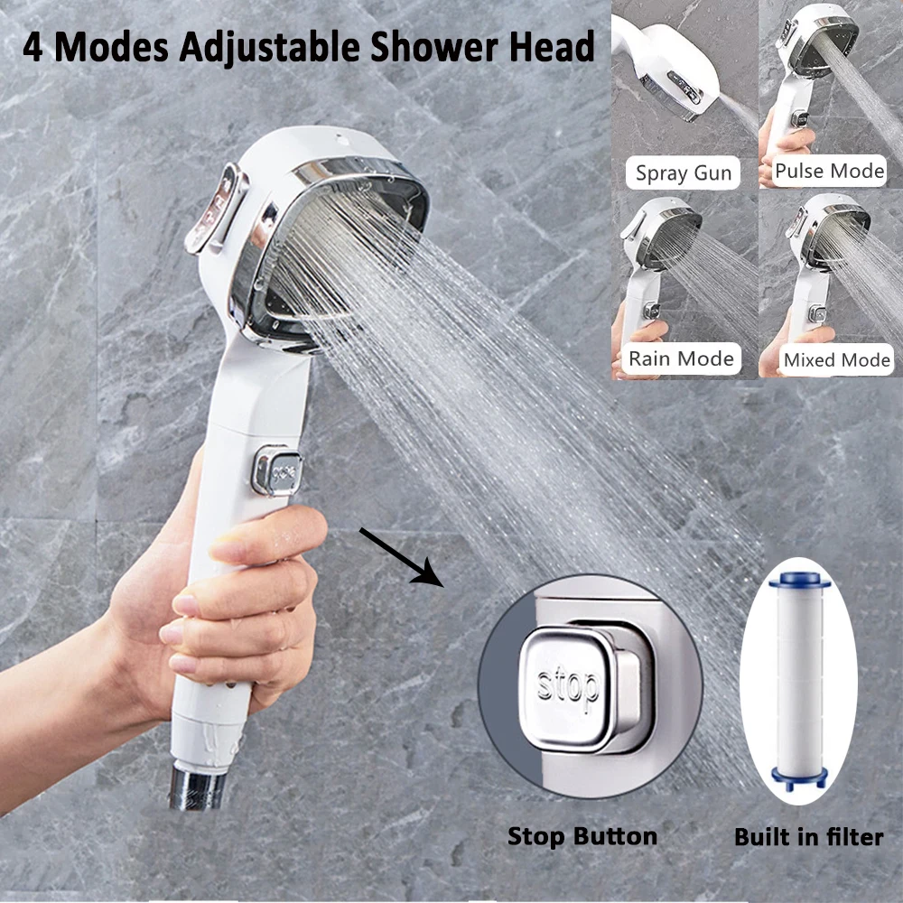 High Pressure Bath Shower Head 4 Modes With Stop Button Sprayer Water ...