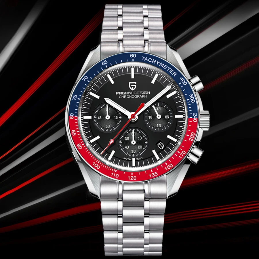PAGANI DESIGN Red-Blue Sapphire Bezel Men's Watches Luxury Quartz Watch ...