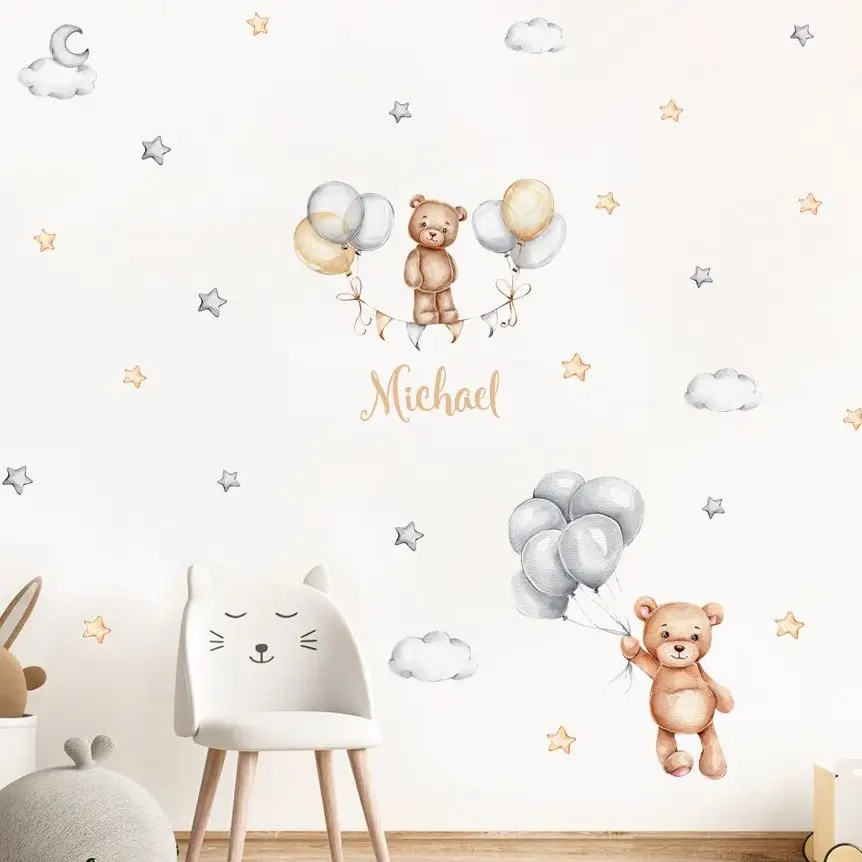 Custom Baby Name Bear Balloons Flags Stars Watercolor Wall Stickers ...