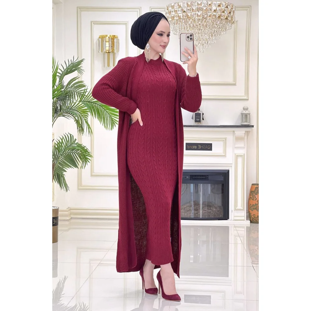 2 Piece Cardigan and Dress Winter Knitwear Modest Fashion Designer Plus ...