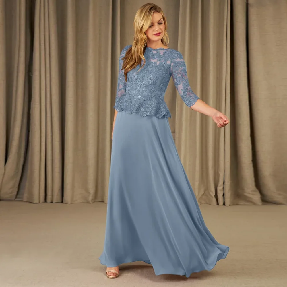 Mother Of The Bride Blue Dresses Ankle Length Lace Long Sleeves Chiffon ...