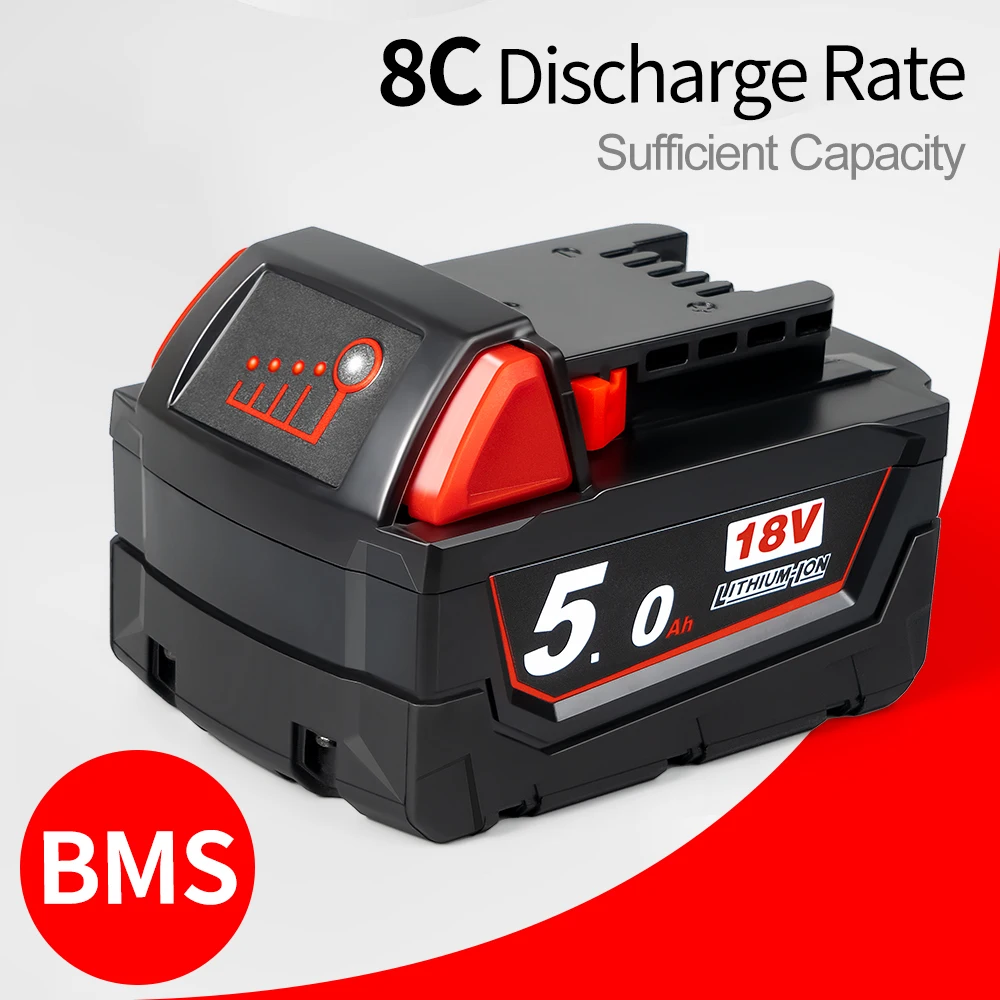 M18 18V 5.0Ah Red Replacement Li-Ion Battery for Milwaukee M18B6 18V ...