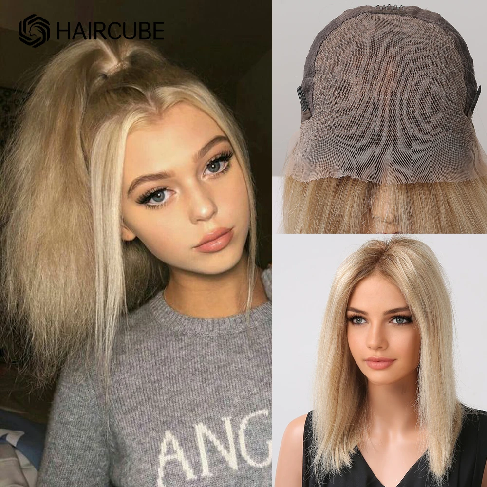 HAIRCUBE Blonde Bob Wig Lace Front Human Hair Wigs Short Straight 13x4 ...