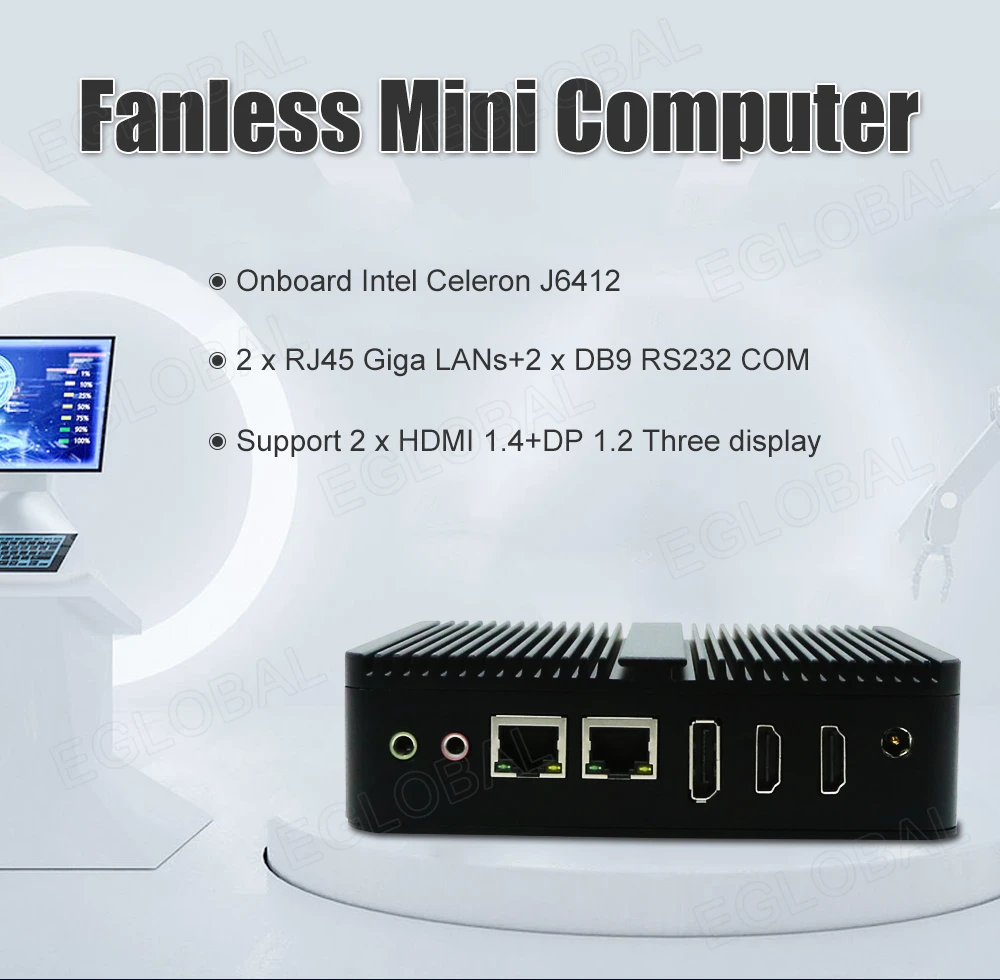 New Arrival Eglobal Intel Celeron J6412 Fabkess Mini Pc With 2hdmi+1dp 2 Com Ports 2lans ...