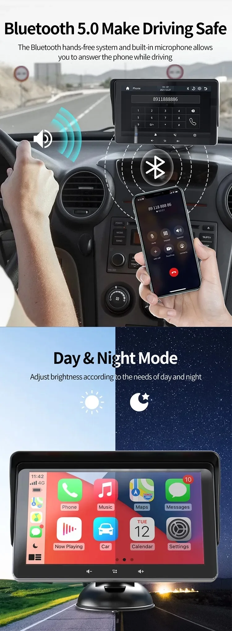 Central Multimidia Portatil 7 / 10 polegadas com conexão Carplay / Android Auto sem fio, entrada ...