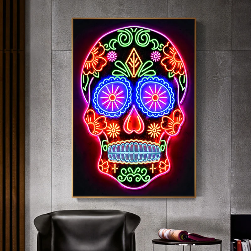 Abstract-Neon-Effect-Colorful-Skull-Head-Poster-Canvas-Painting-Day-of ...