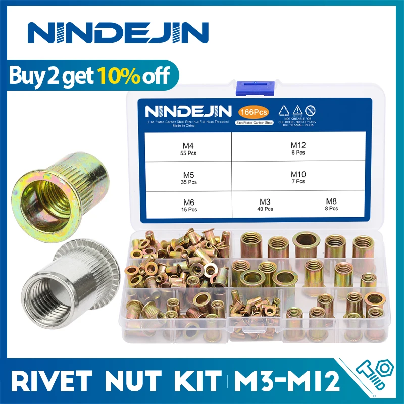 Nindejin 85/166pcs Rivet Nut Kit M3 M4 M5 M6 M8 M10 M12 Rivnut Set ...